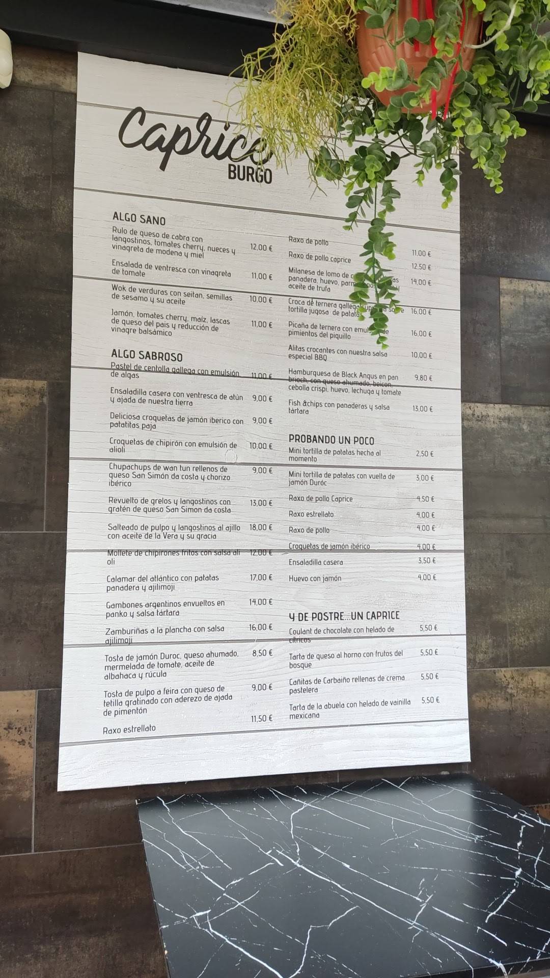 Carta del restaurante Caprice, La Coruña, Costa da