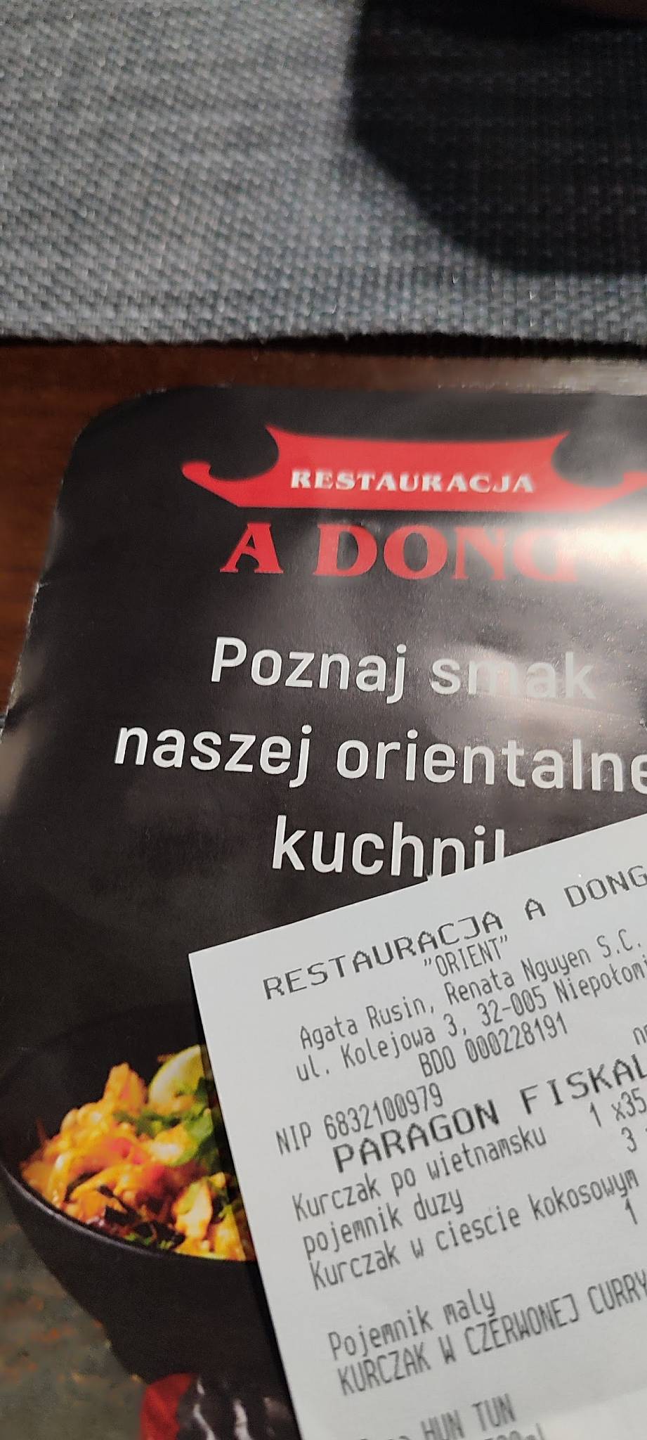 Menu at A Dong restaurant, Niepołomice
