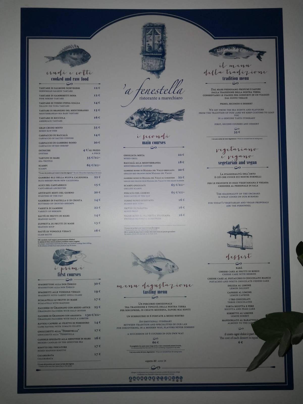Menu da 'A Fenestella ristorante, Napoli, Calata Ponticello a Marechiaro