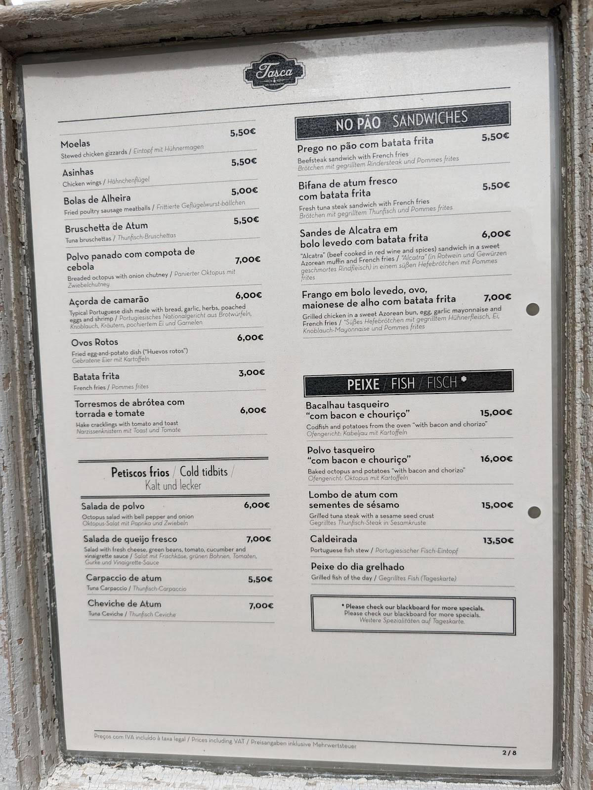 Menu at A Tasca restaurant, Ponta Delgada