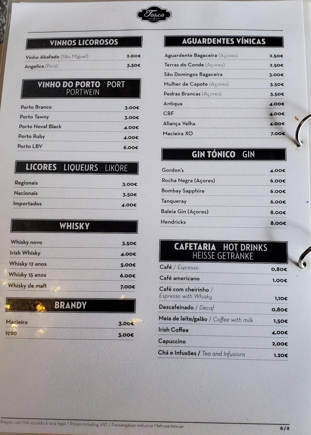 Menu at A Tasca restaurant, Ponta Delgada