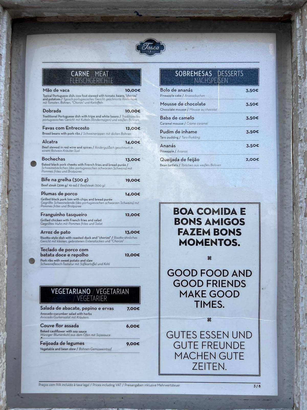 Menu at A Tasca restaurant, Ponta Delgada