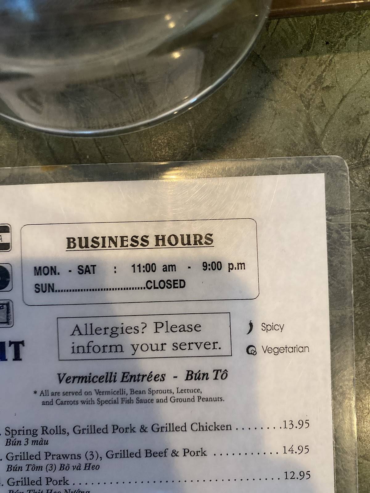 Menu at A Taste of Vietnam restaurant, Sherwood Park