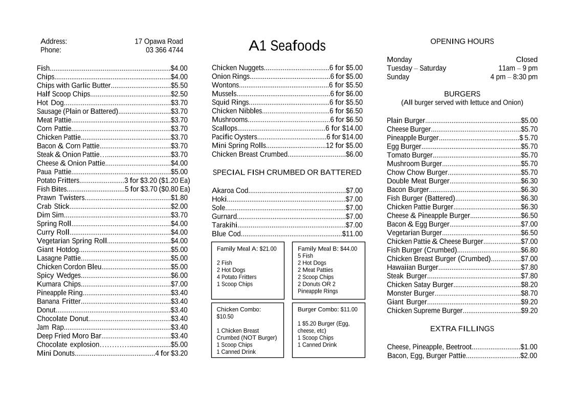 Menu at A1 Seafoods restaurant, Christchurch