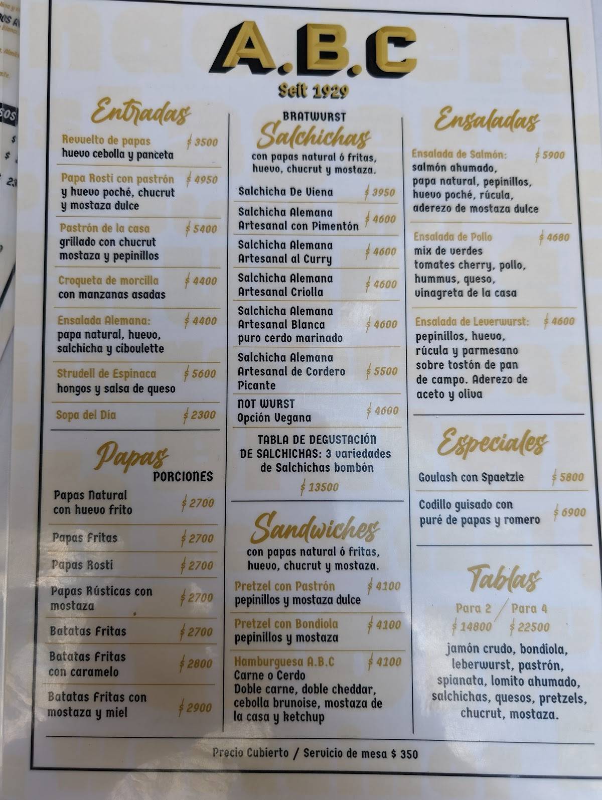 Menu at ABC RESTAURANT, Buenos Aires