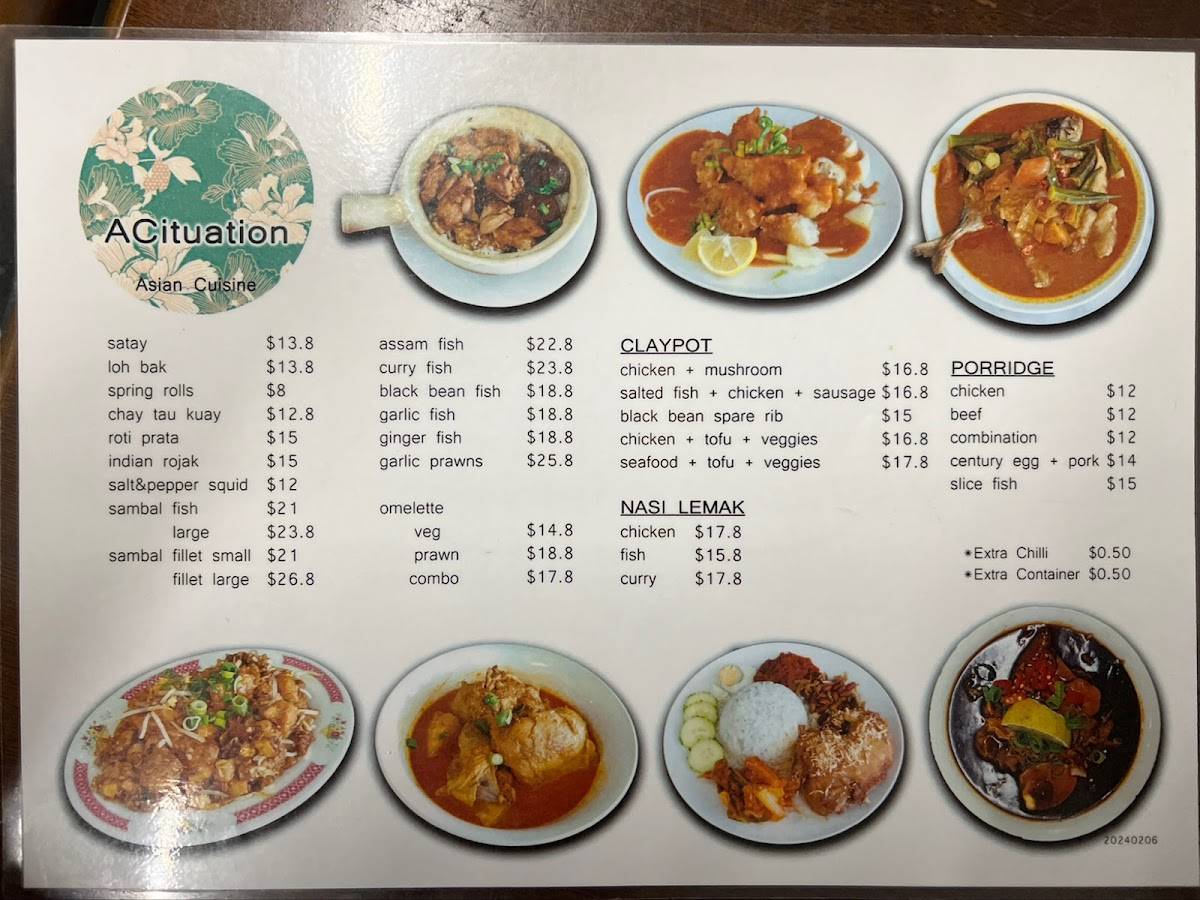 Menu at ACituation restaurant, Willetton