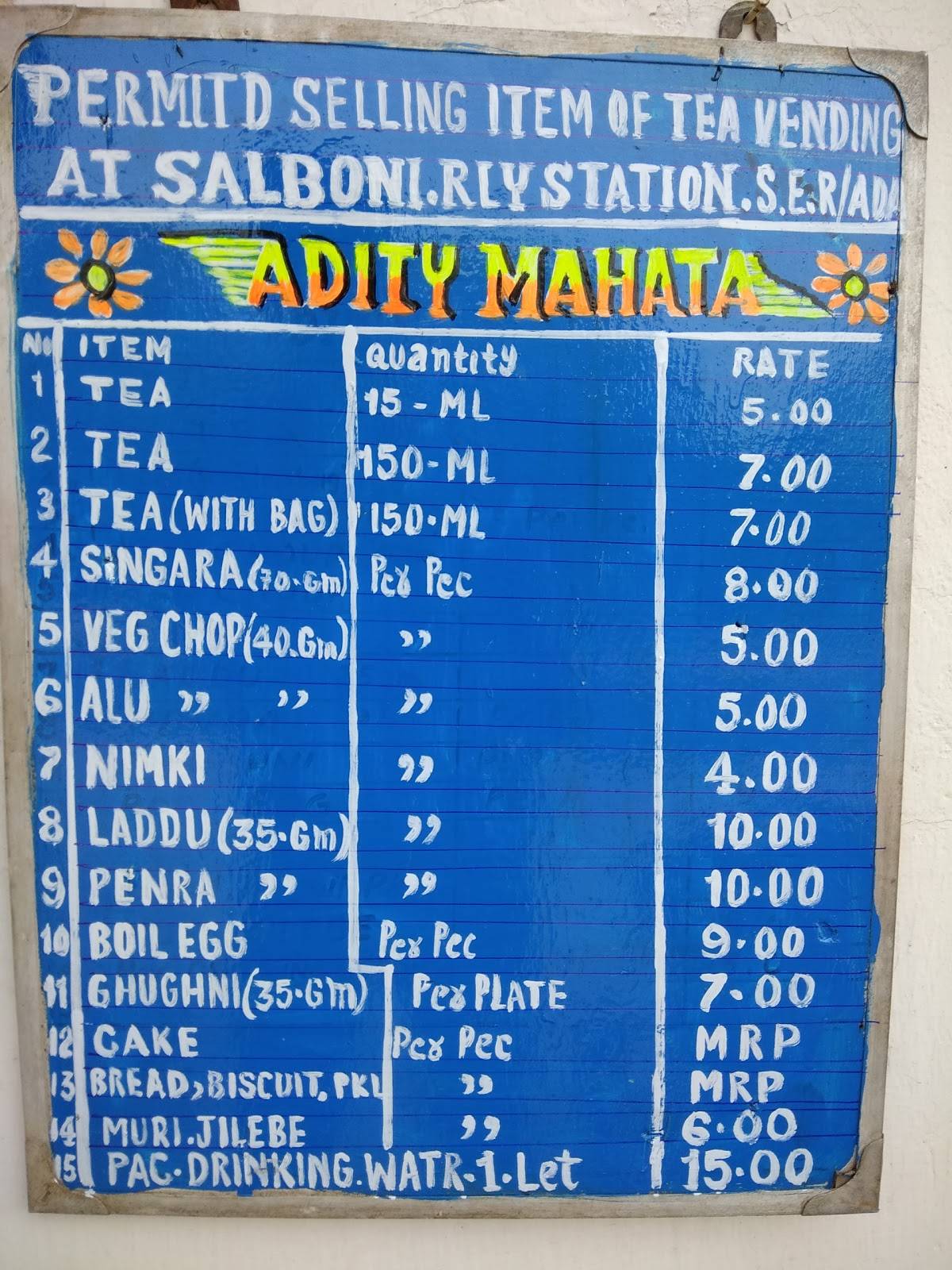 Menu at ADITYA TEA STALL, India, Railway Station