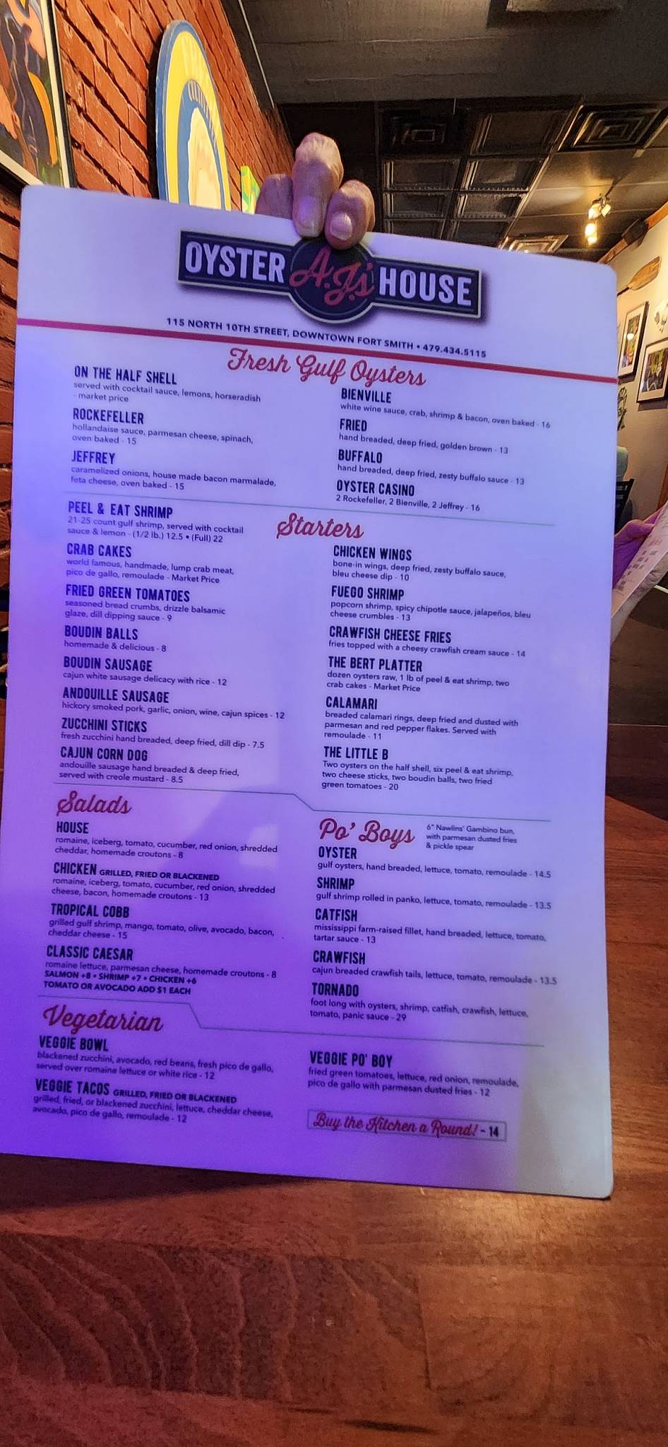 Menu at AJ's Oyster House pub & bar, Fort Smith