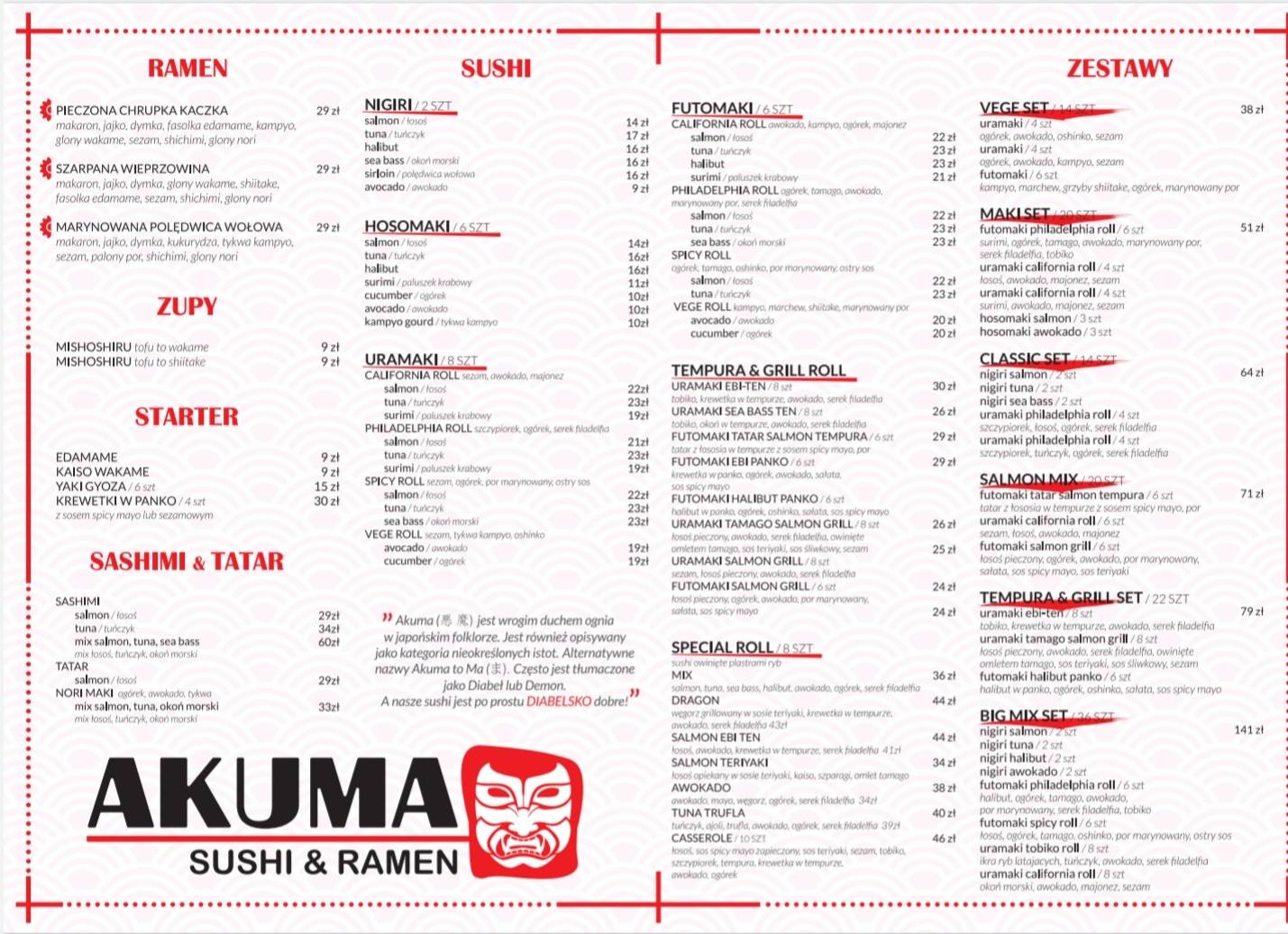 Menu at AKUMA Sushi&Ramen restaurant, Kraków
