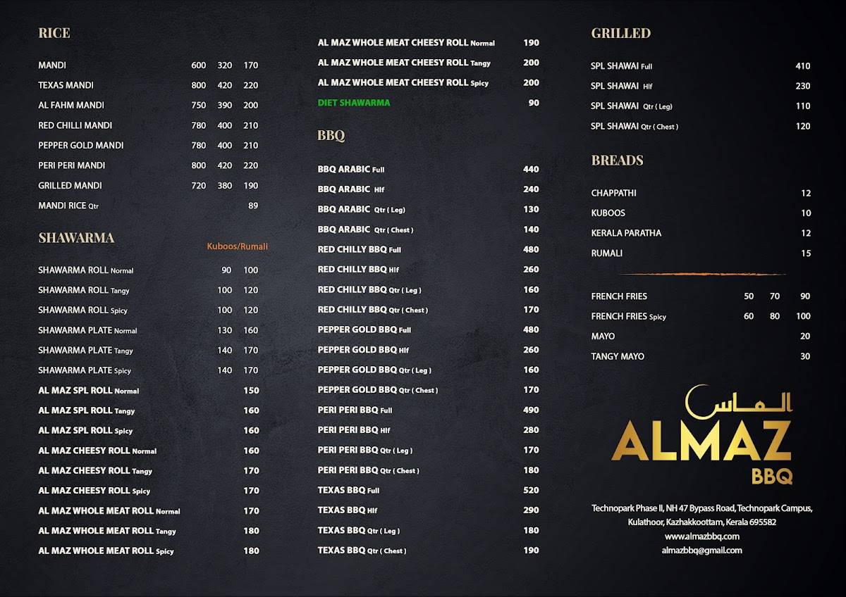 Menu at ALMAZ BBQ, Kazhakkoottam