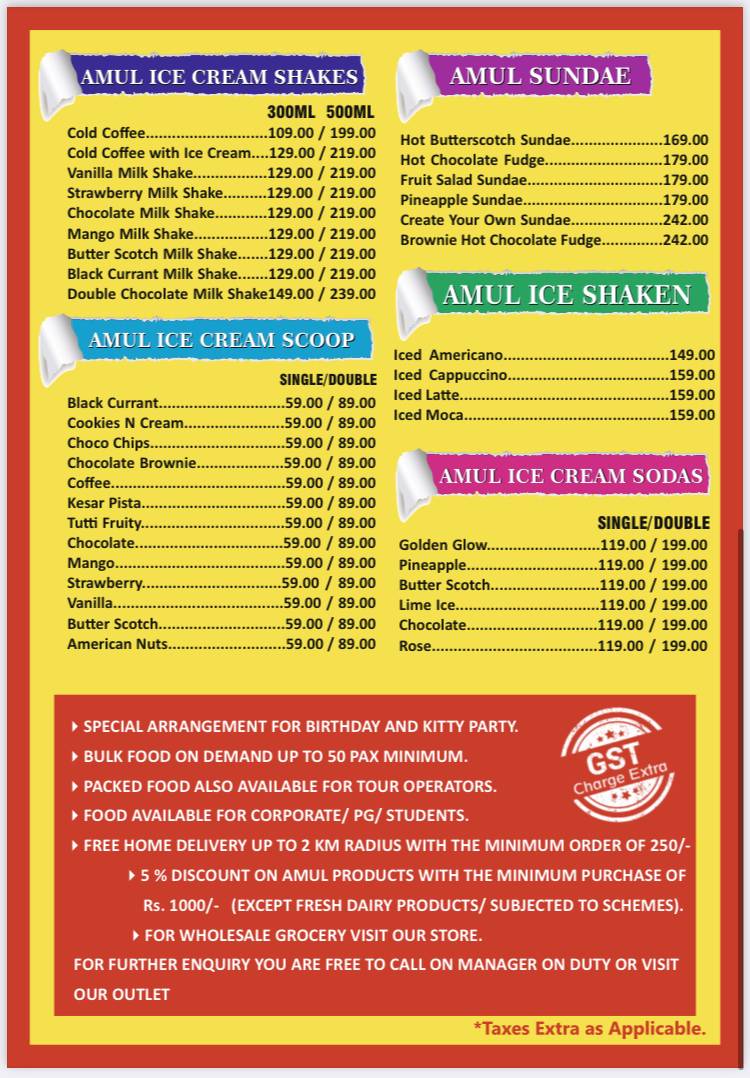 Menu at AMUL CAFE, New Delhi, D-1-B/1-A
