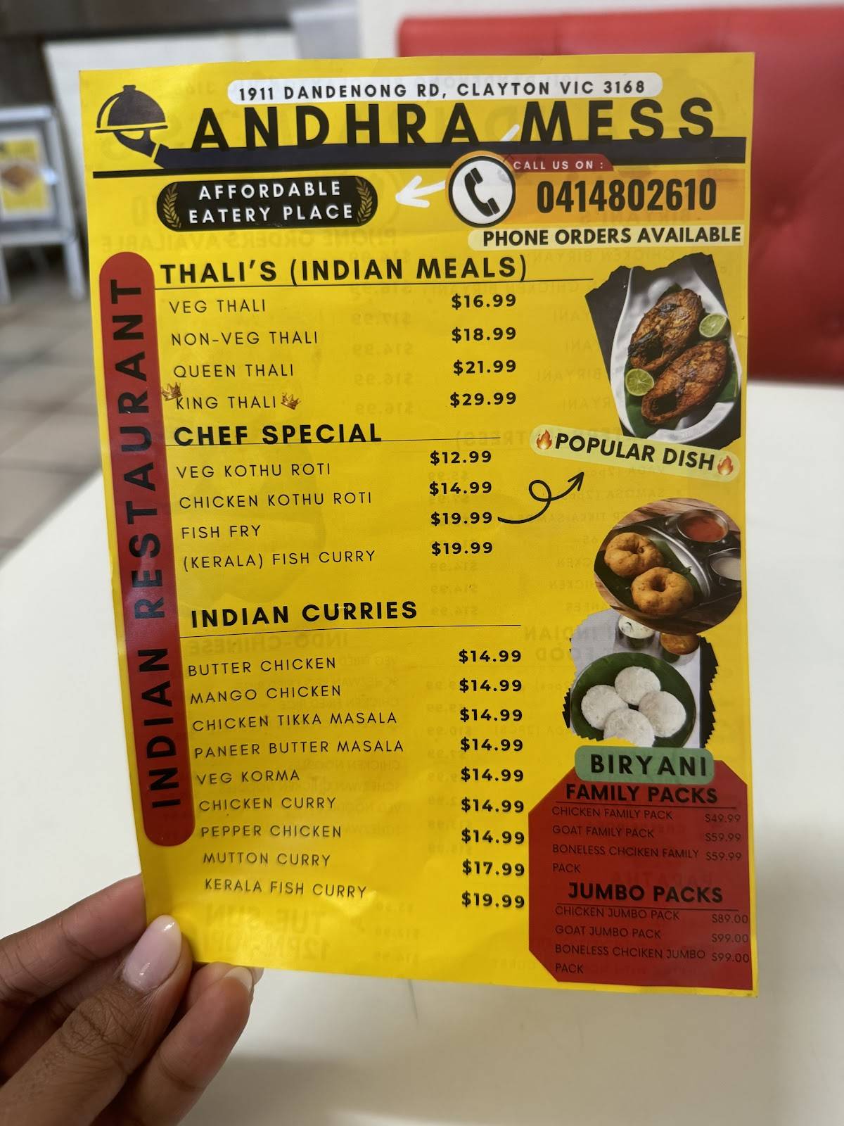 Menu at ANDHRA MESS restaurant, Clayton