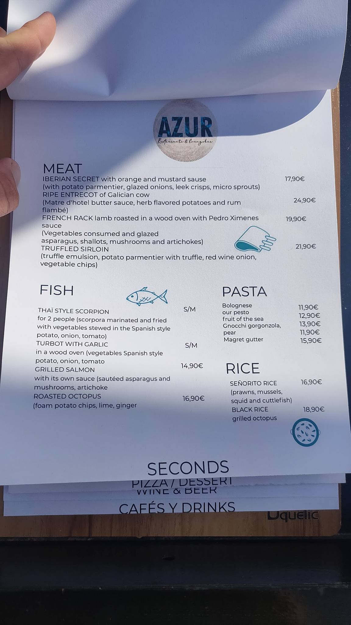 Carta de AZUR Restaurante & LoungeBar, Ampuriabrava
