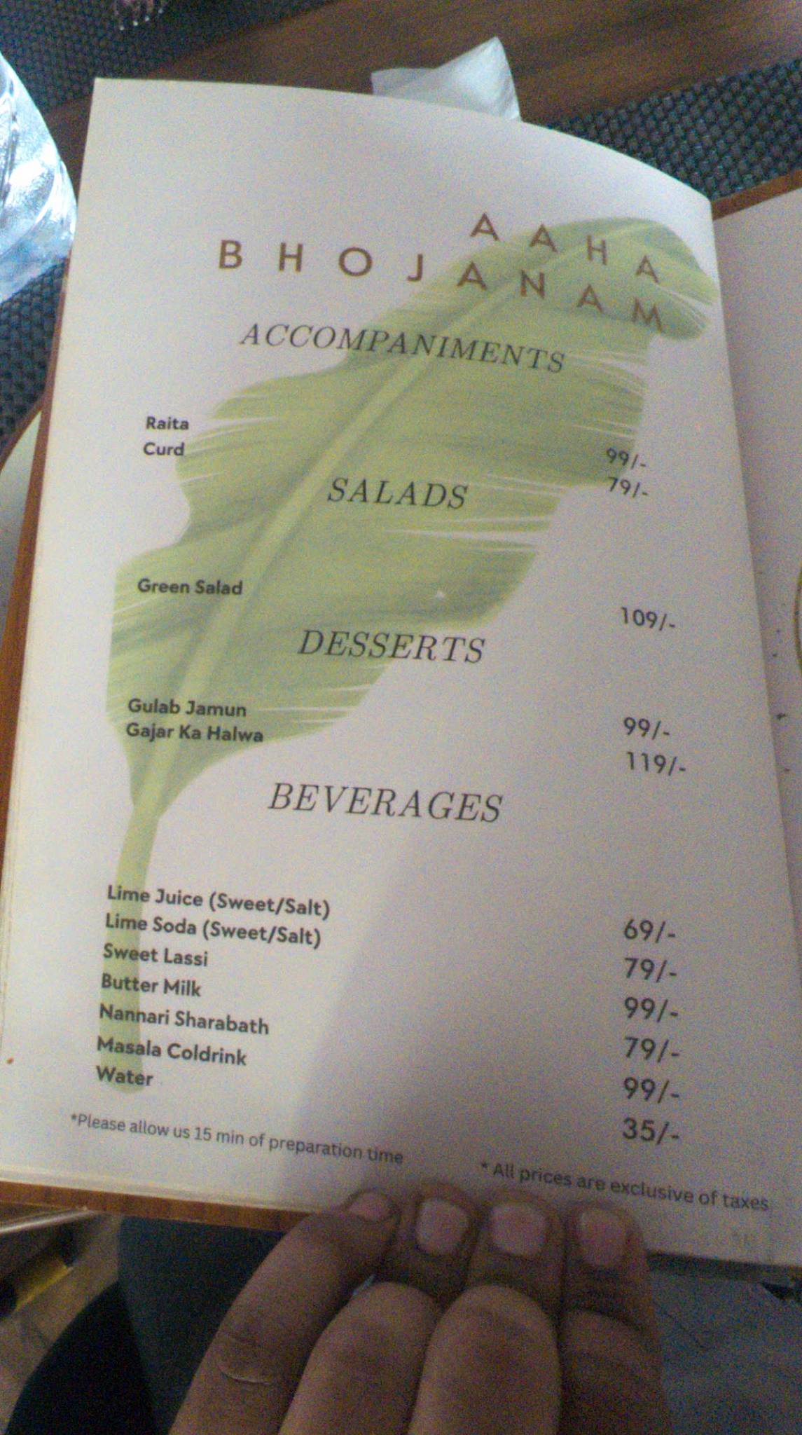 Menu at Aaha Bhojanam, Bengaluru, 2nd floor