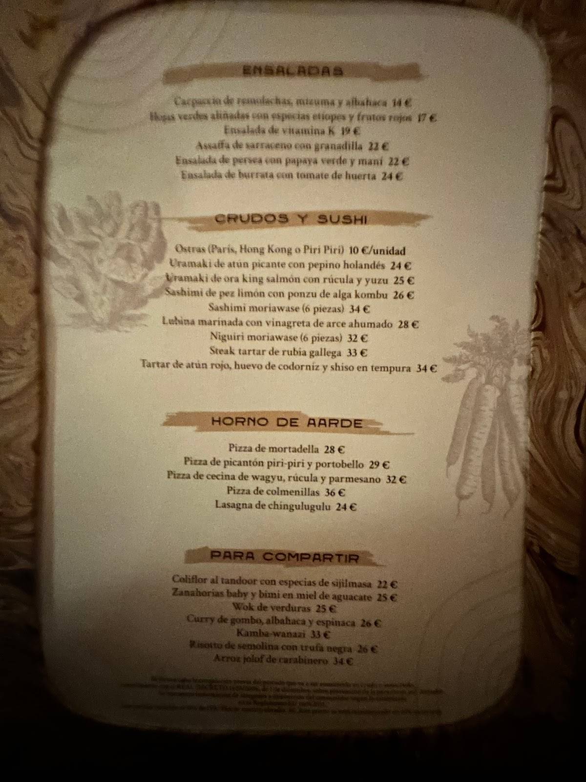 Menu at Aarde restaurant, Madrid