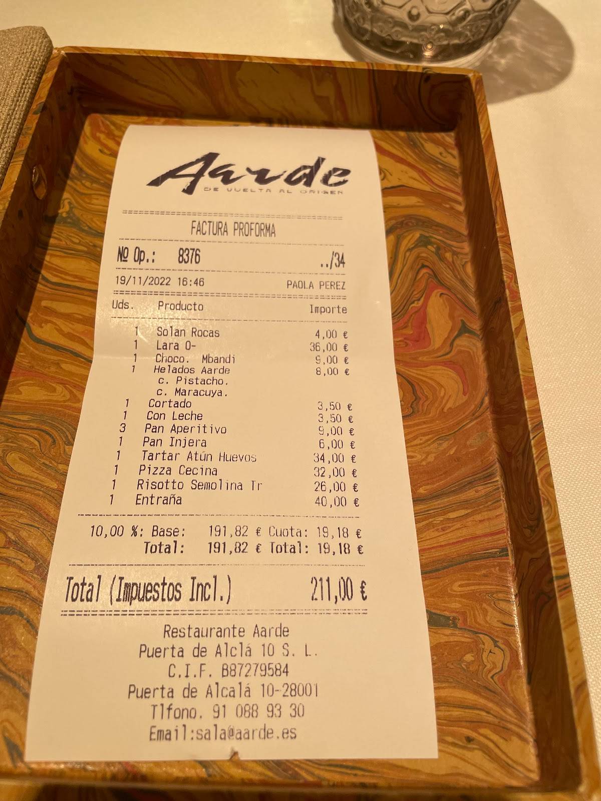 Menu at Aarde restaurant, Madrid