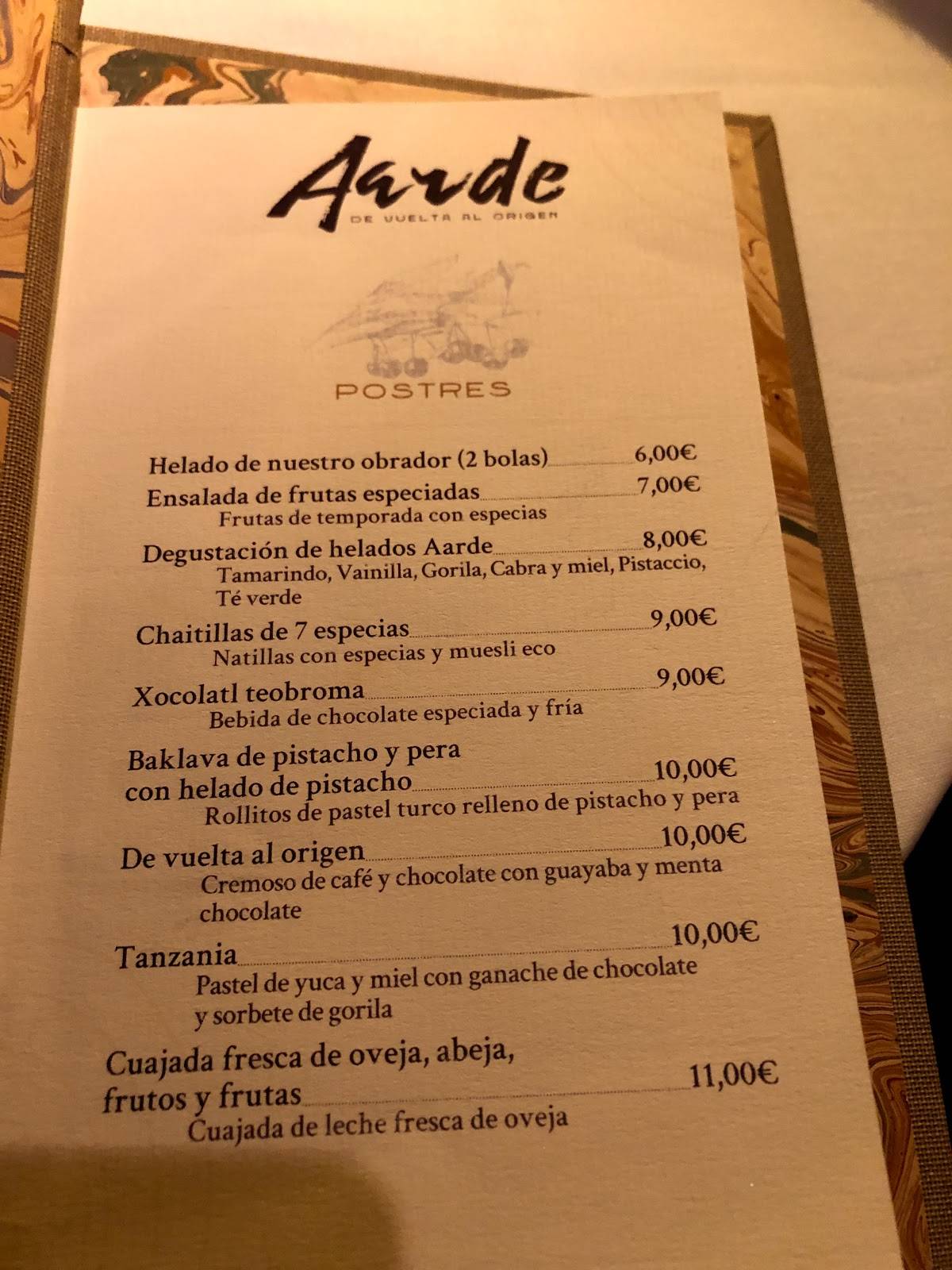 Menu at Aarde restaurant, Madrid