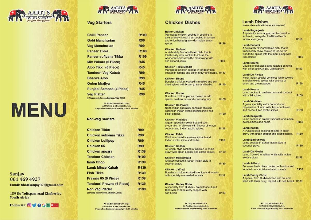 Menu at Aarti's Indian Cuisine restaurant, Kimberley