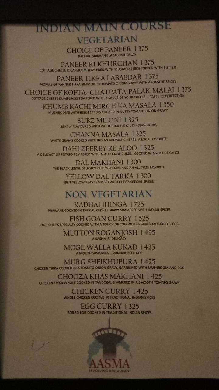 Menu at Aasma Revolving Restaurant, Rampur Seori, Inox Nh 22 Mall