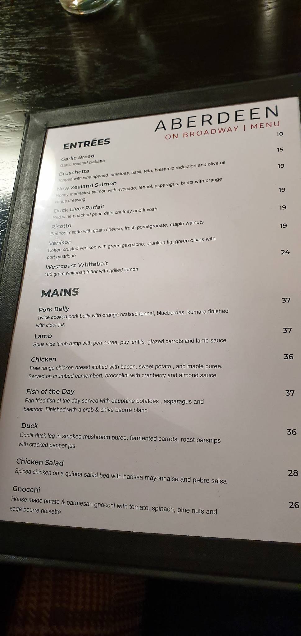 Menu at Aberdeen on Broadway restaurant, Palmerston North