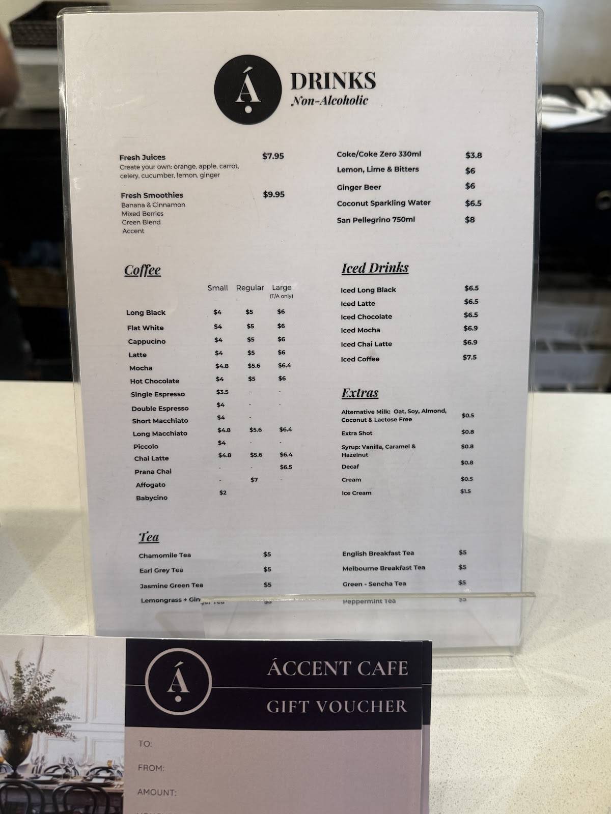 Menu at Accent Subiaco cafe, Subiaco