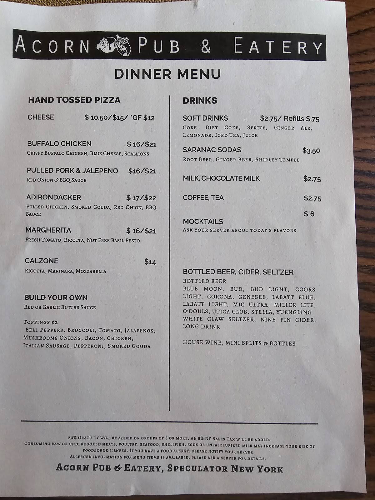 Menu at Acorn Pub & Eatery at Oak Mountain, Speculator