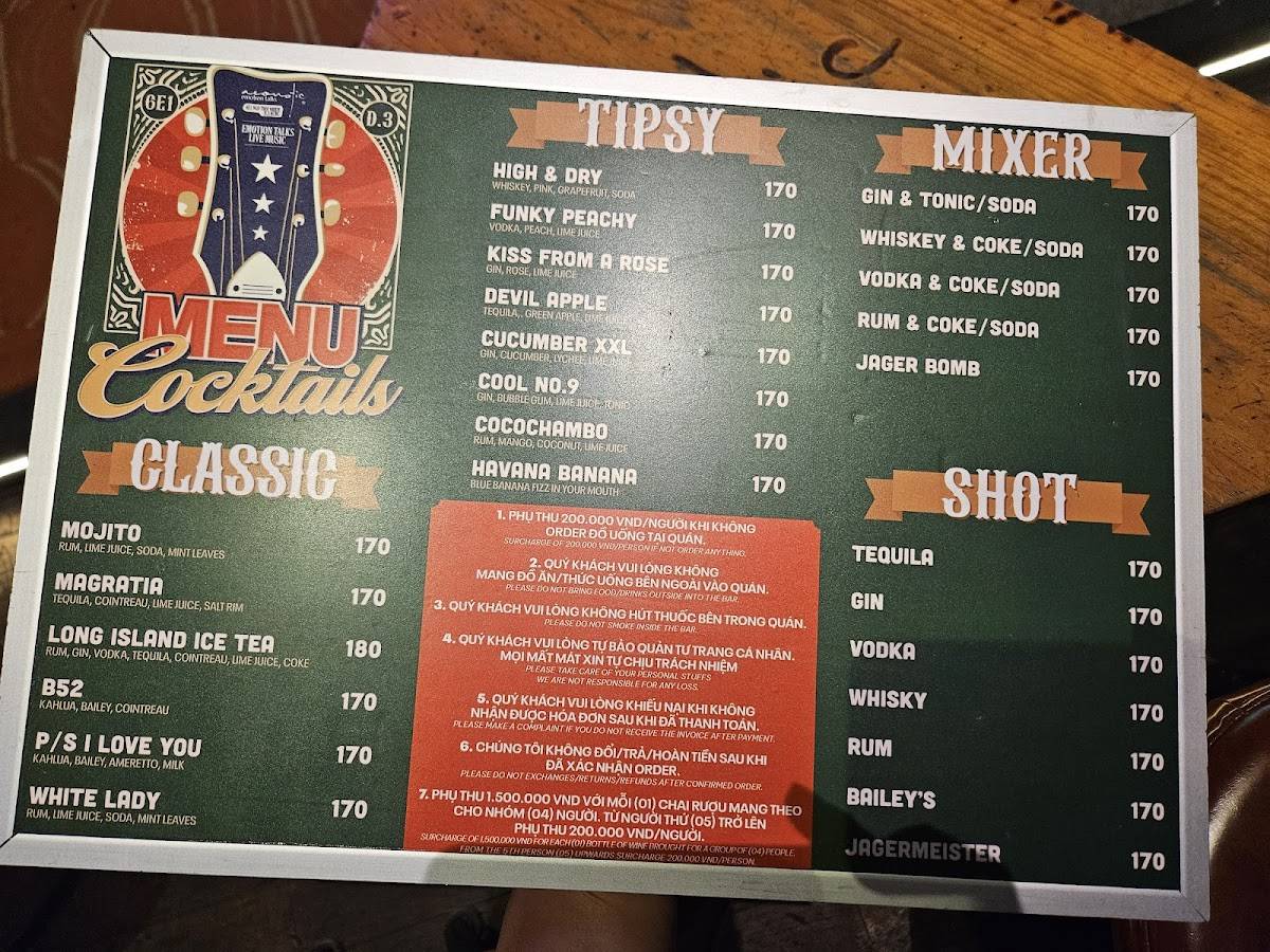 Menu at Acoustic Bar - Ngô Thời Nhiệm, Ho Chi Minh City