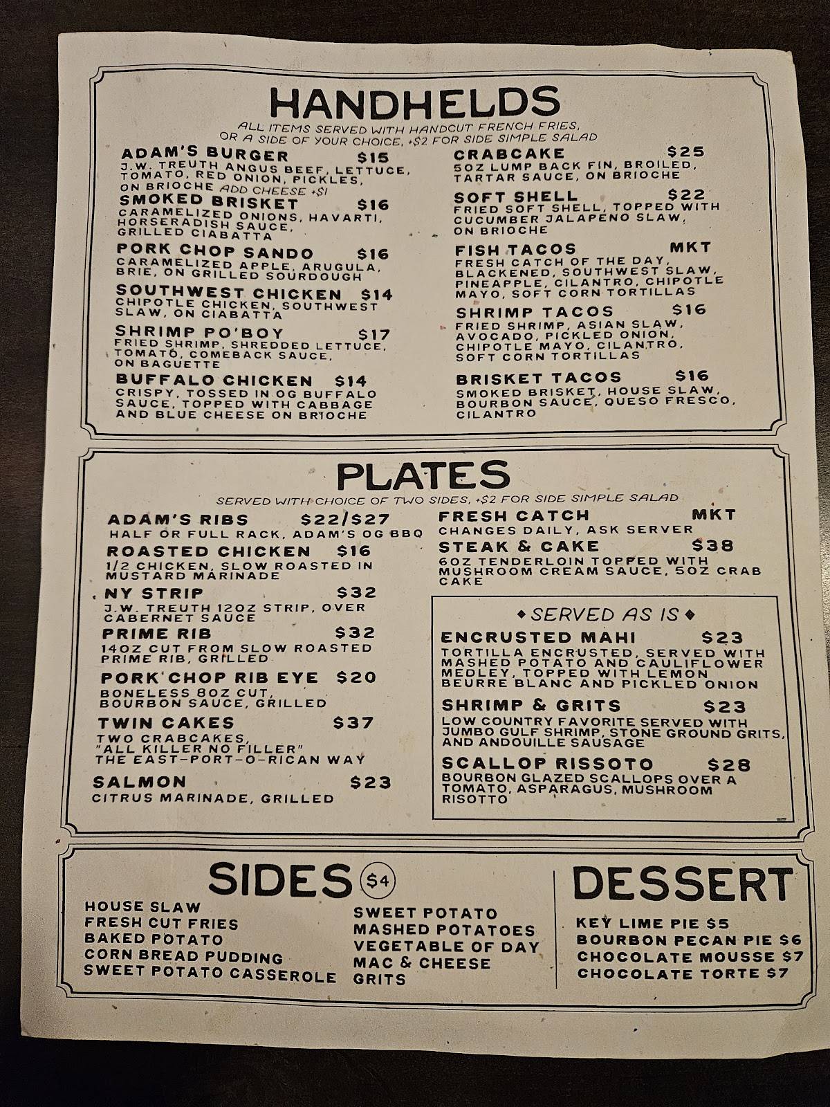 Menu at Adam's on Fourth pub & bar, Annapolis