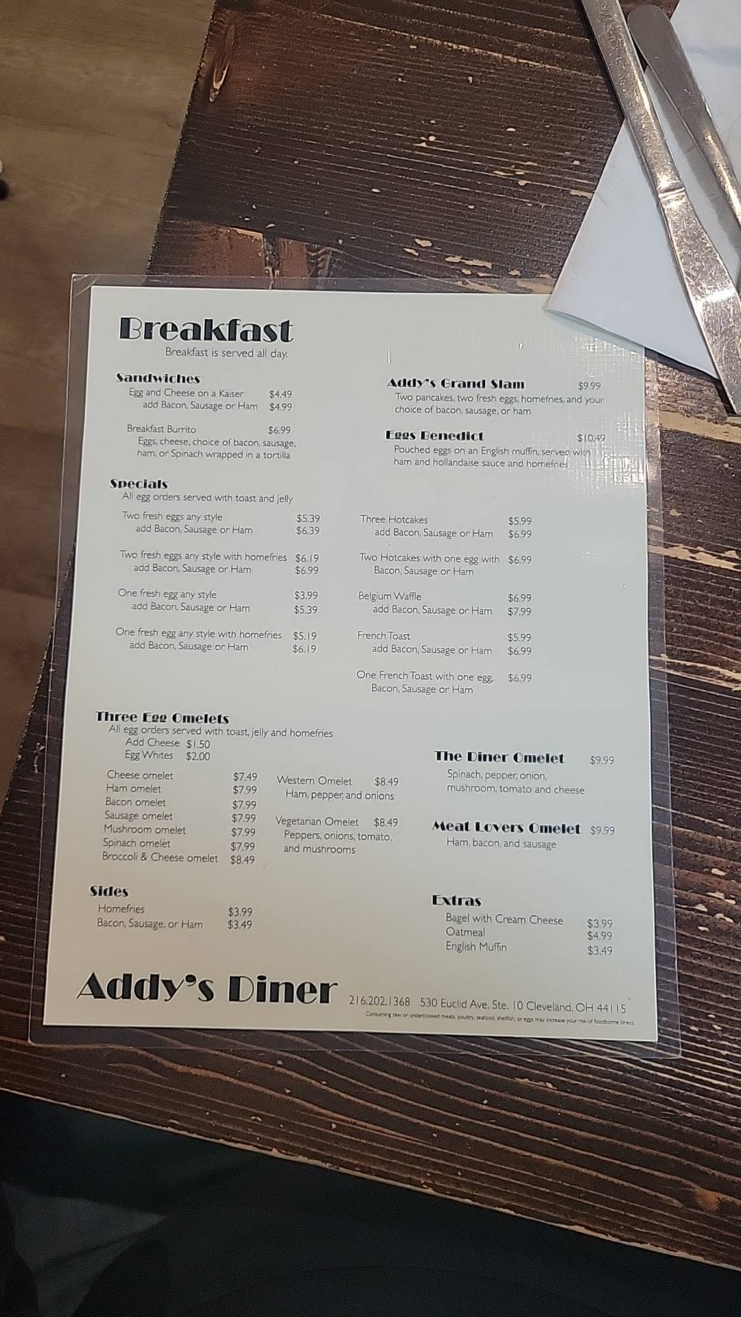 Menu at Addy's Diner restaurant, Cleveland