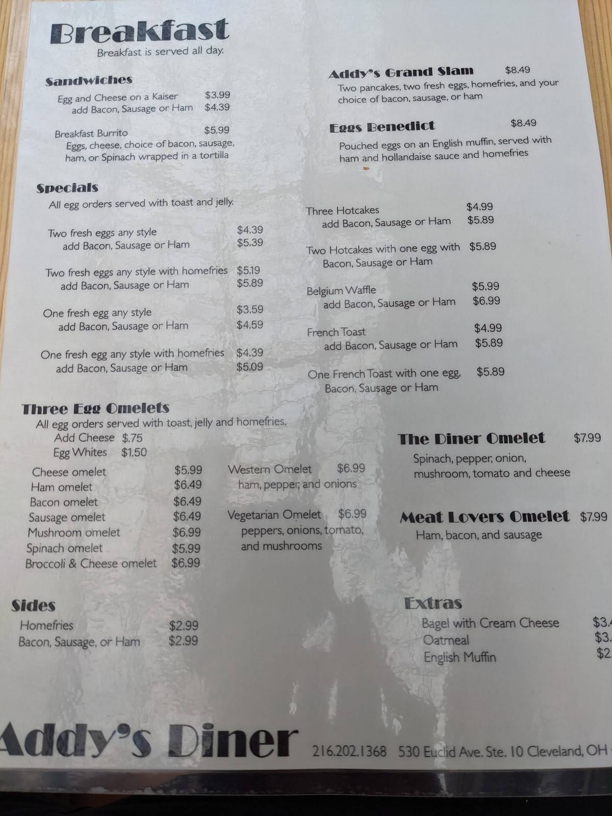 Menu at Addy's Diner restaurant, Cleveland
