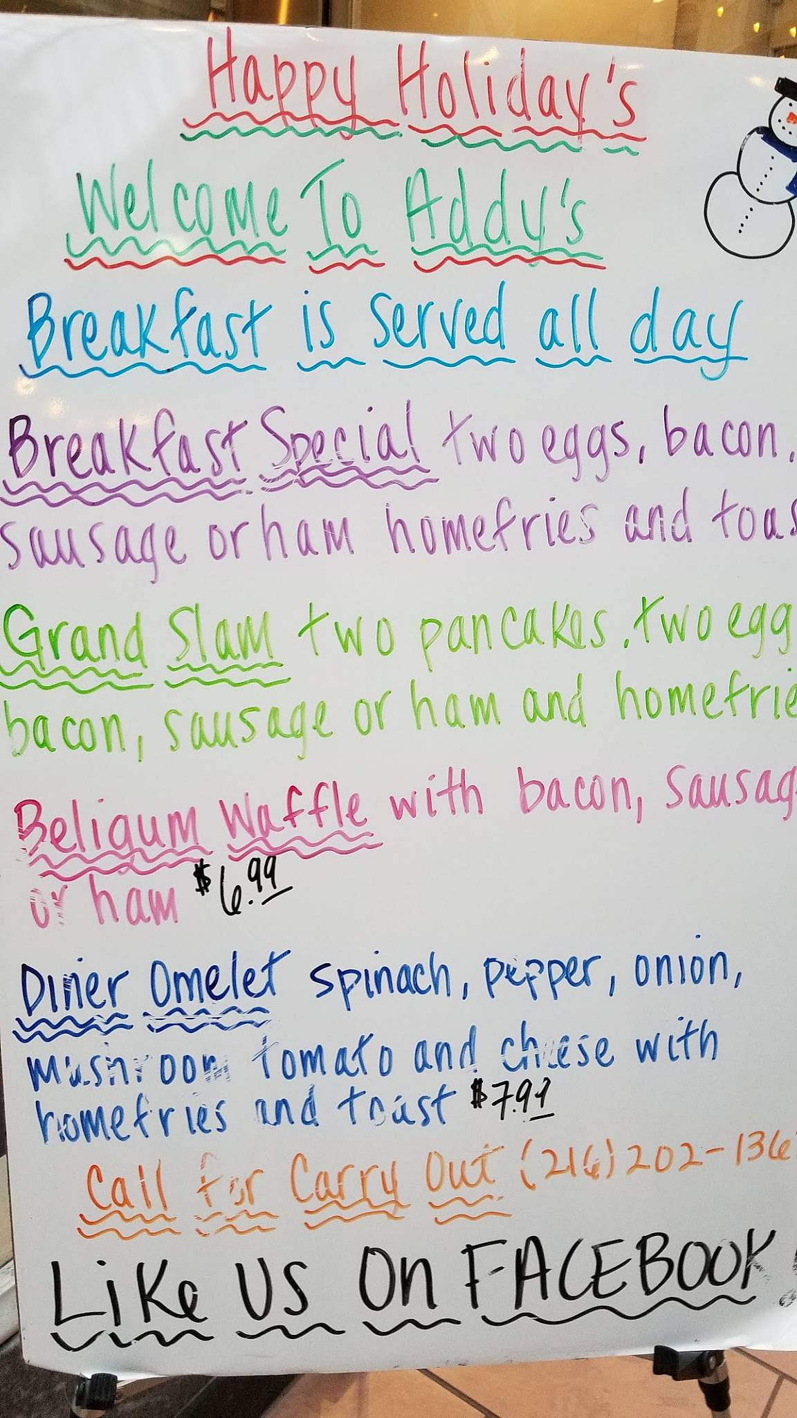 Menu at Addy's Diner restaurant, Cleveland