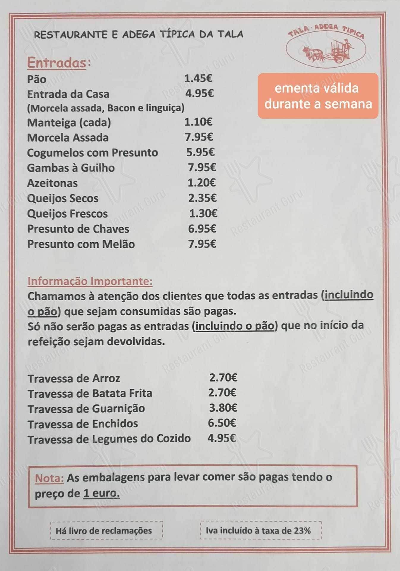 Menu em Adega Típica da Tala restaurante, Sintra