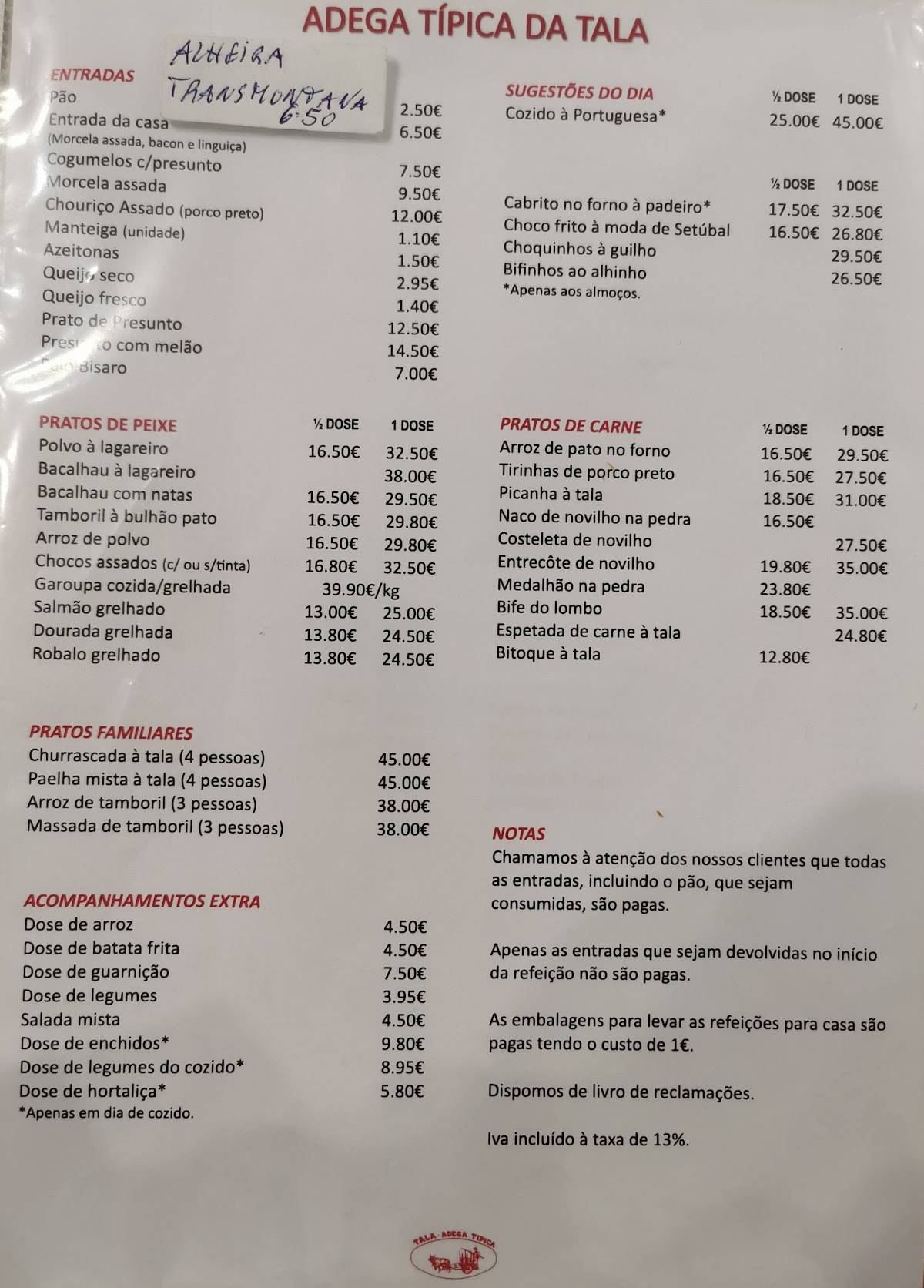 Menu em Adega Típica da Tala restaurante, Sintra