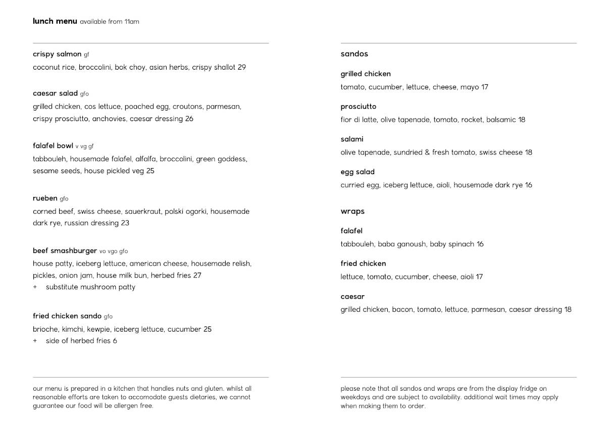 Menu at Parco cafe, Adelaide