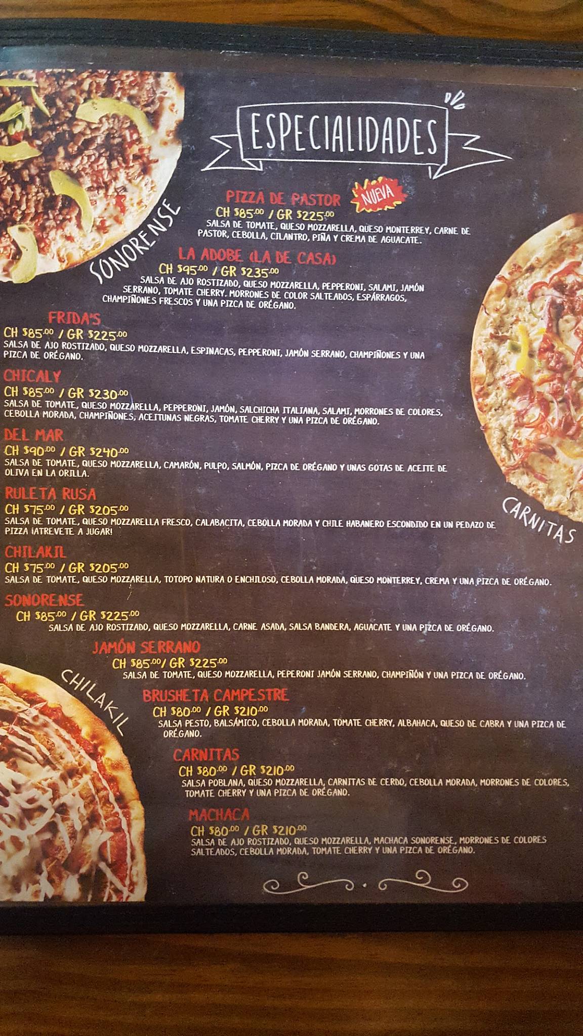 Carta de pizzería Adobe pizza, Mexicali, Blv villafontana Sin nunero