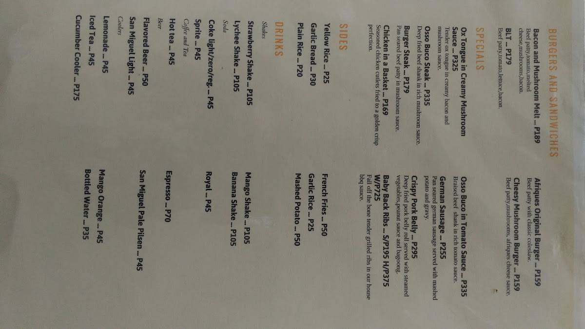 Menu at Afrique's Gourmet restaurant, Iloilo City, Red Square Building