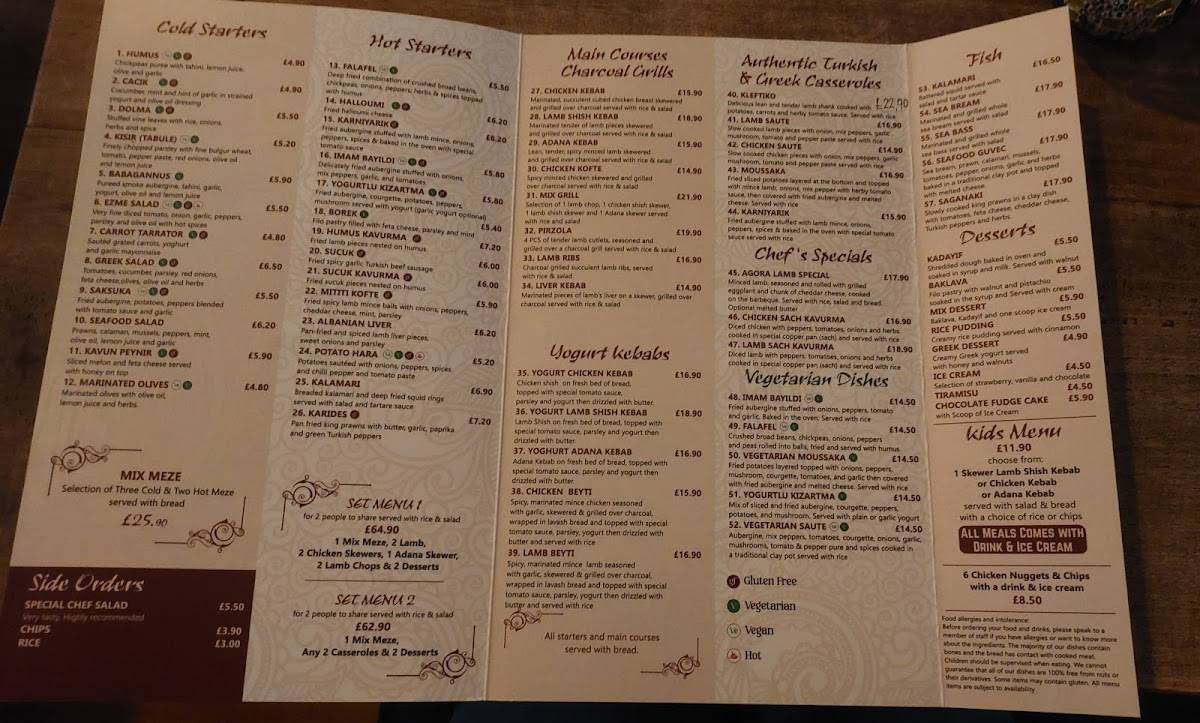 Menu at Agora restaurant, Bournemouth