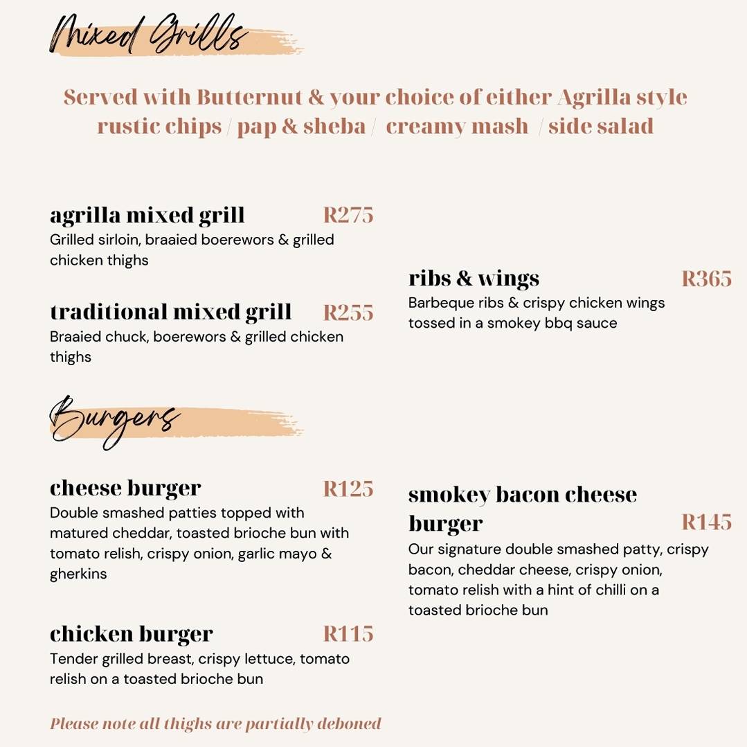 Carta de Agrilla Meet & Cocktail Bar, Pretoria, 209 Aramist Ave