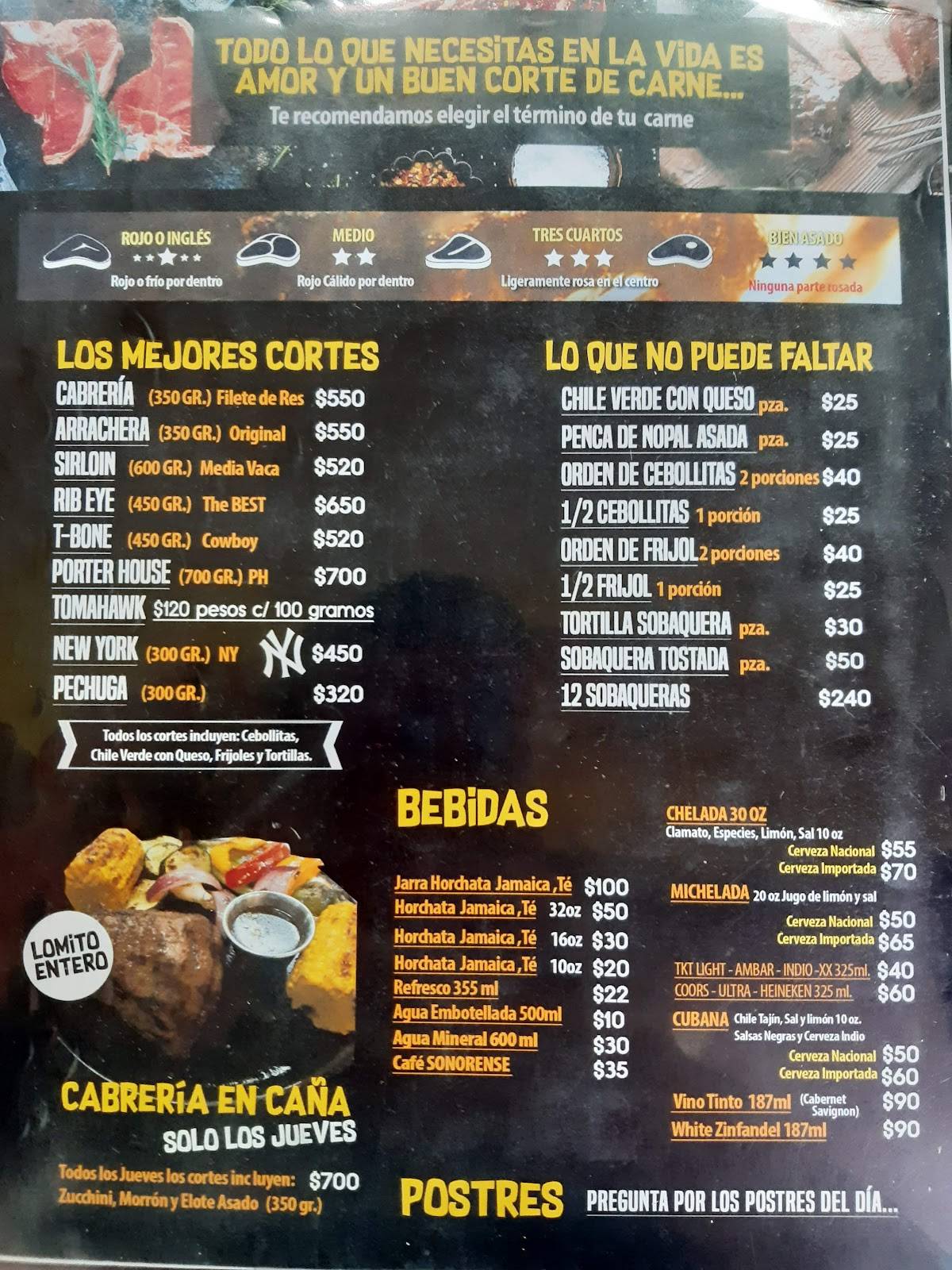 Menu at El Mago steakhouse, Agua Prieta