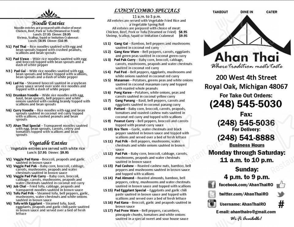 Menu at Ahan Thai Restaurant, Royal Oak