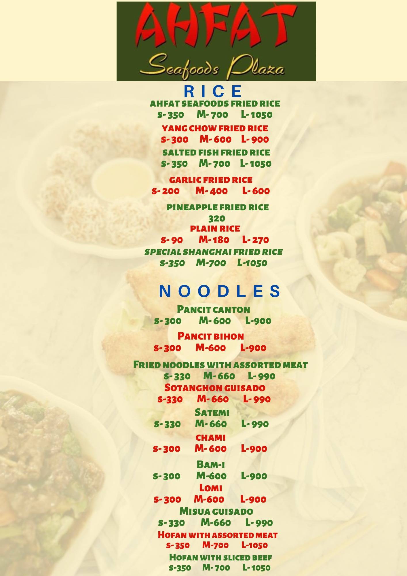 Menu at Ahfat Seafoods Plaza restaurant, Davao City