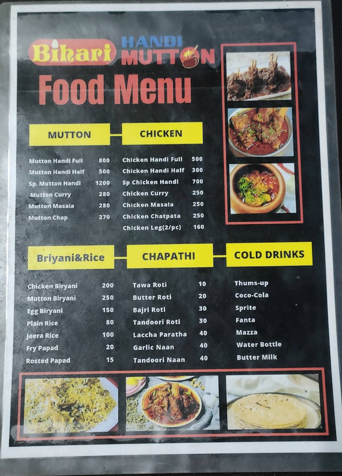 Menu at Bihari Handi Mutton, Ahmedabad