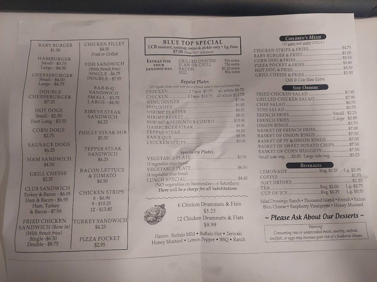 Menu at Blue Top Grill restaurant, Graniteville
