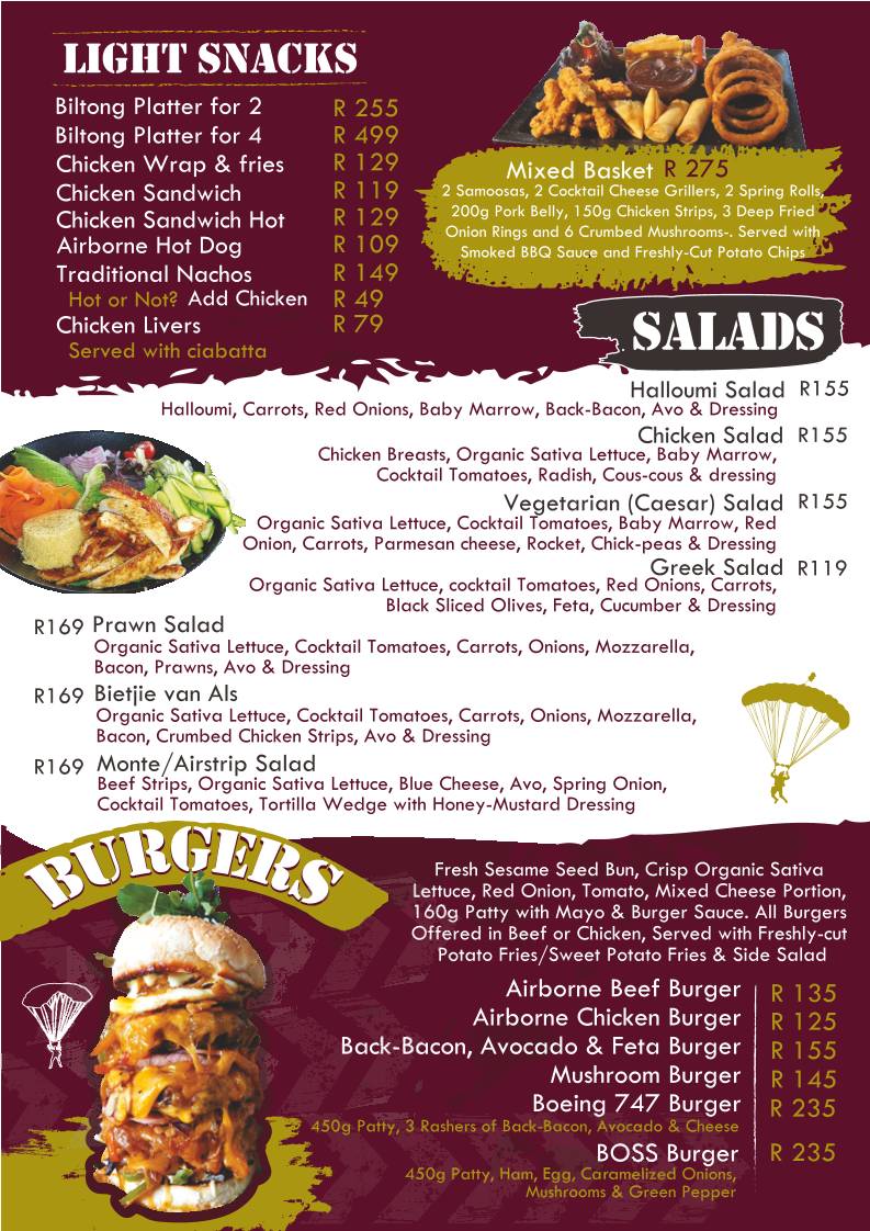 Menu at Airborne Cafe FATP, Bloemfontein, Blue Skies Blvd
