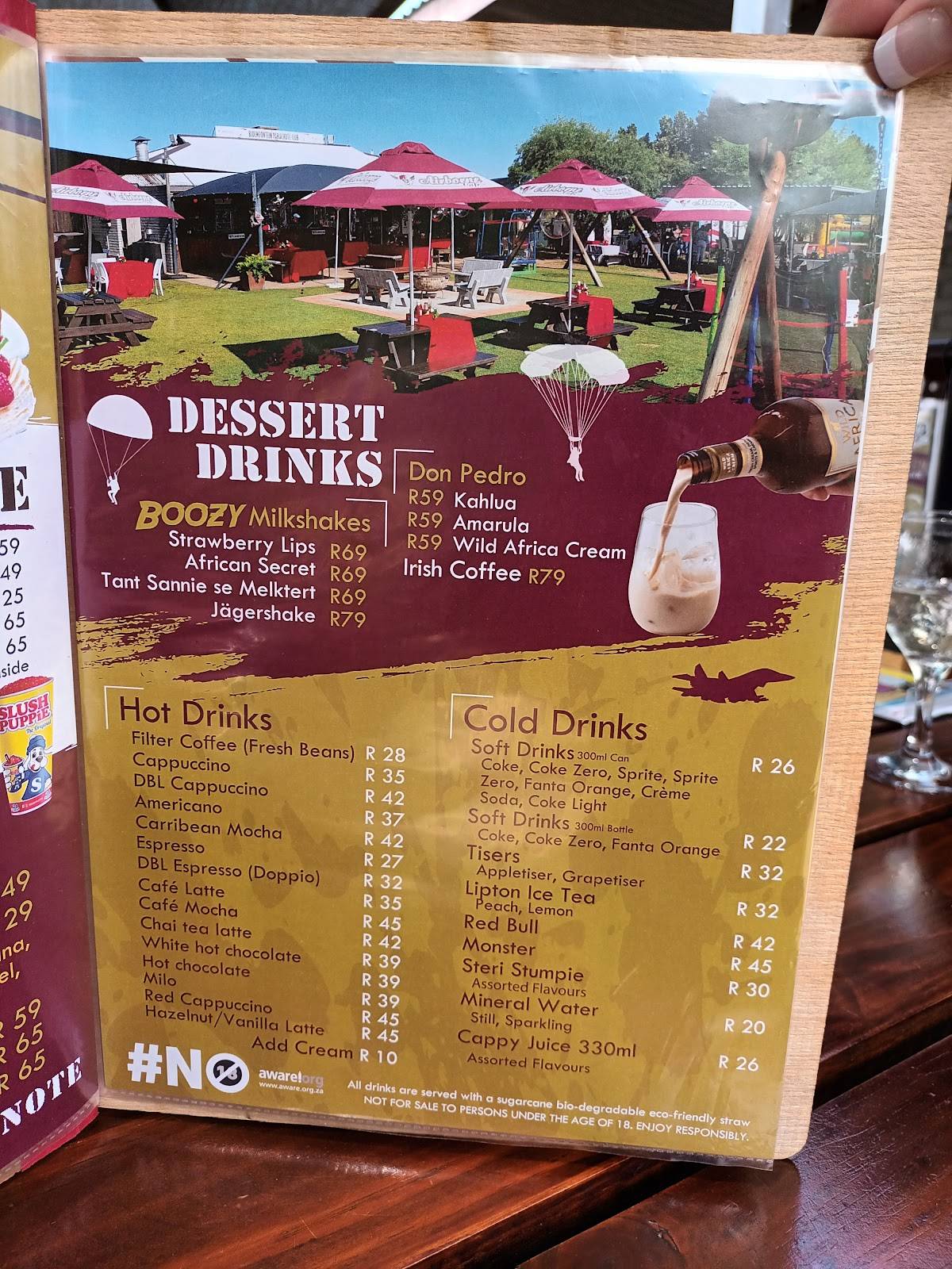 Menu at Airborne Cafe FATP, Bloemfontein, Blue Skies Blvd