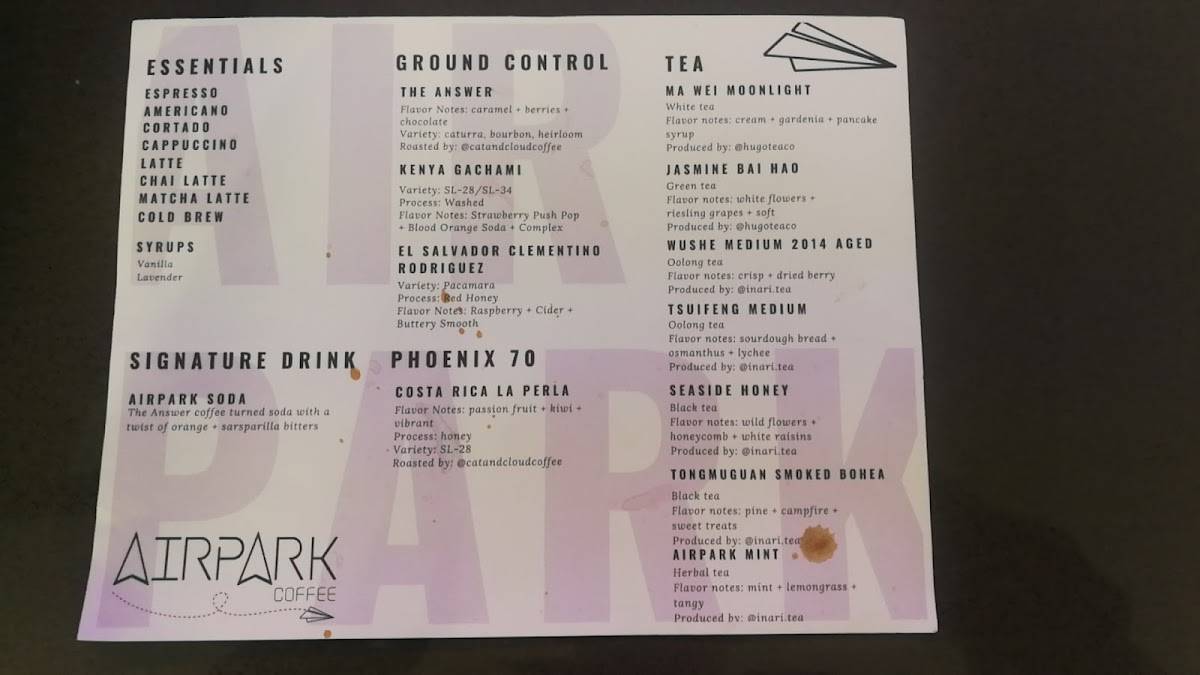 Menu at Airpark Coffee, Oklahoma City