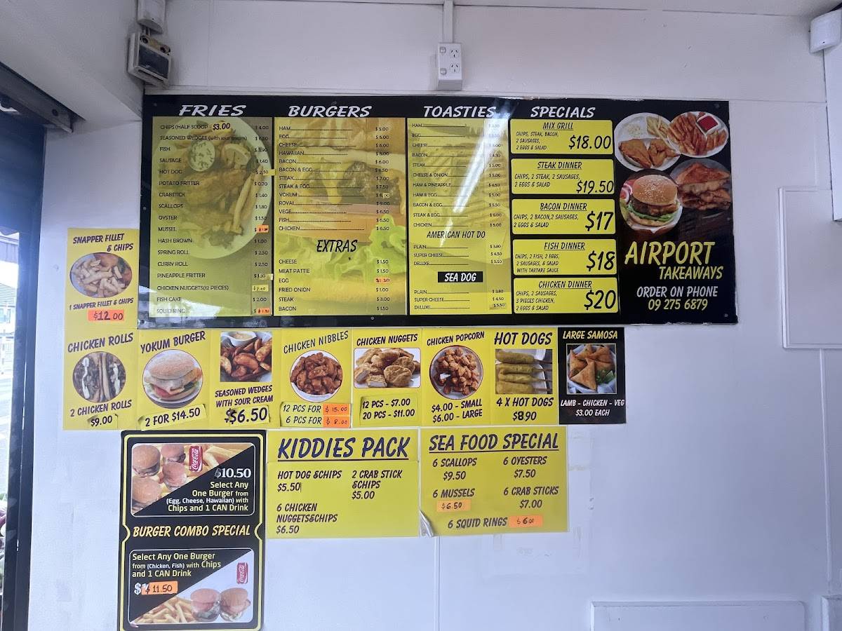 Menu at Airport Takeaways fast food, Auckland