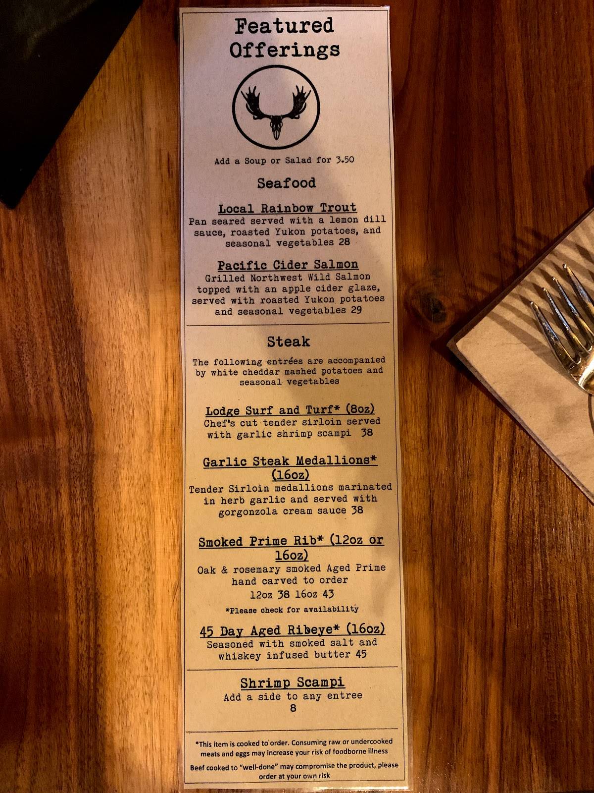 Menu at Rusty Moose steakhouse, Spokane, 9105 US-2