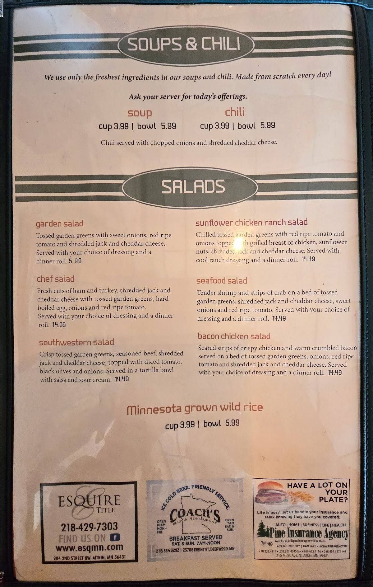 Menu at Roadside Restaurant, Aitkin