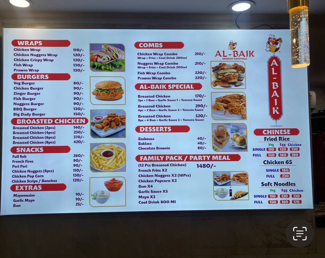 Menu at Al Baik Arabian Cafeteria, Hyderabad, 17-1-375/26/A/6